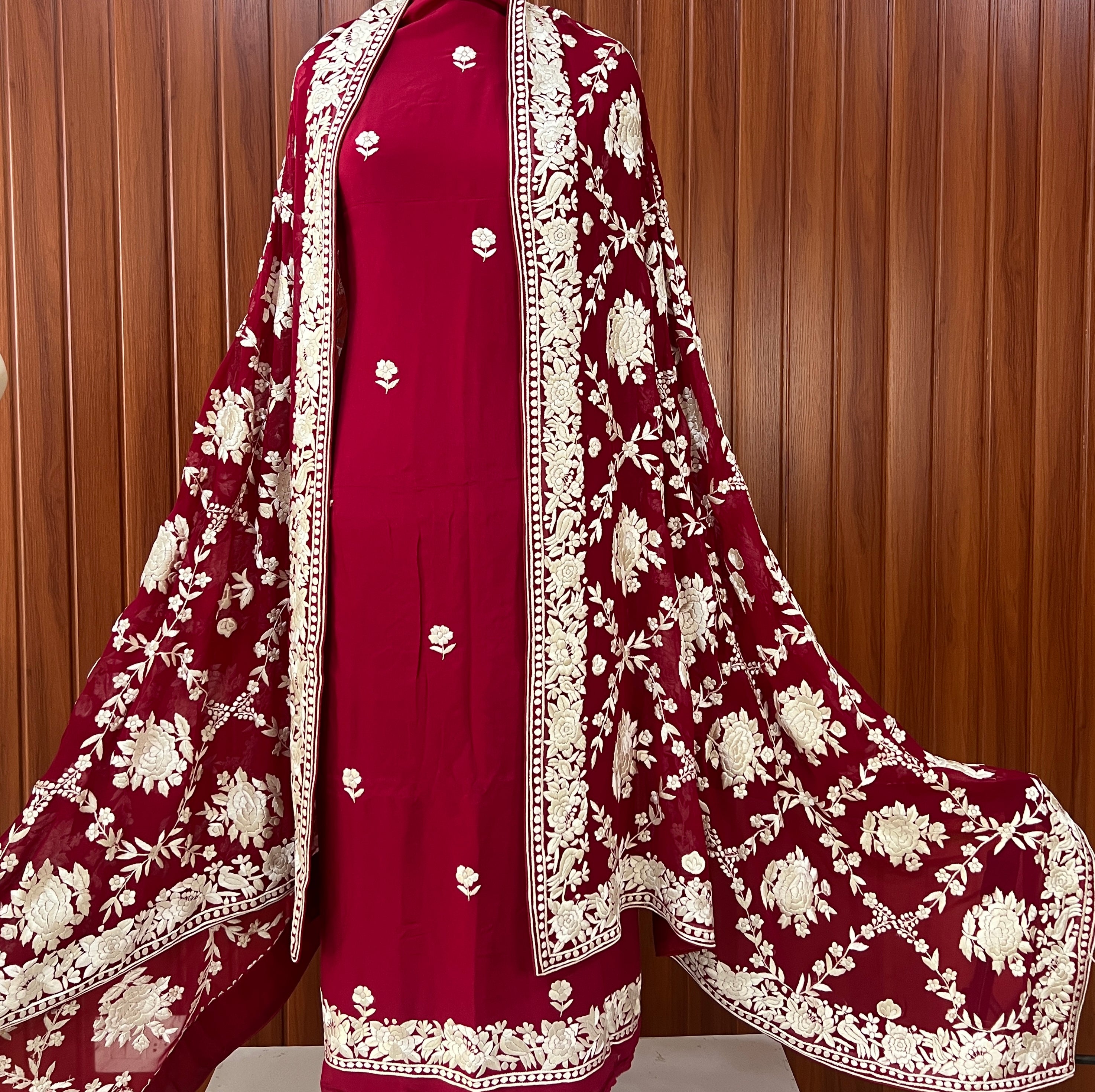 Ruby Red Masterpiece Hand Embroidered Parsi Gara full Suit