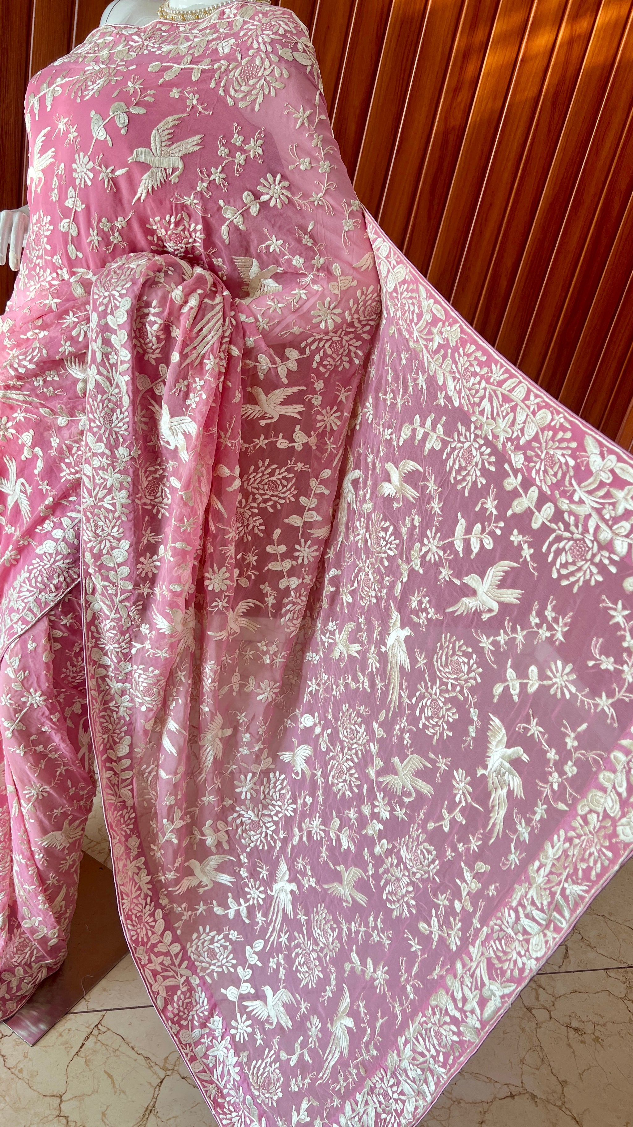 Pink Parsi Gara Hand Embroidered Saree