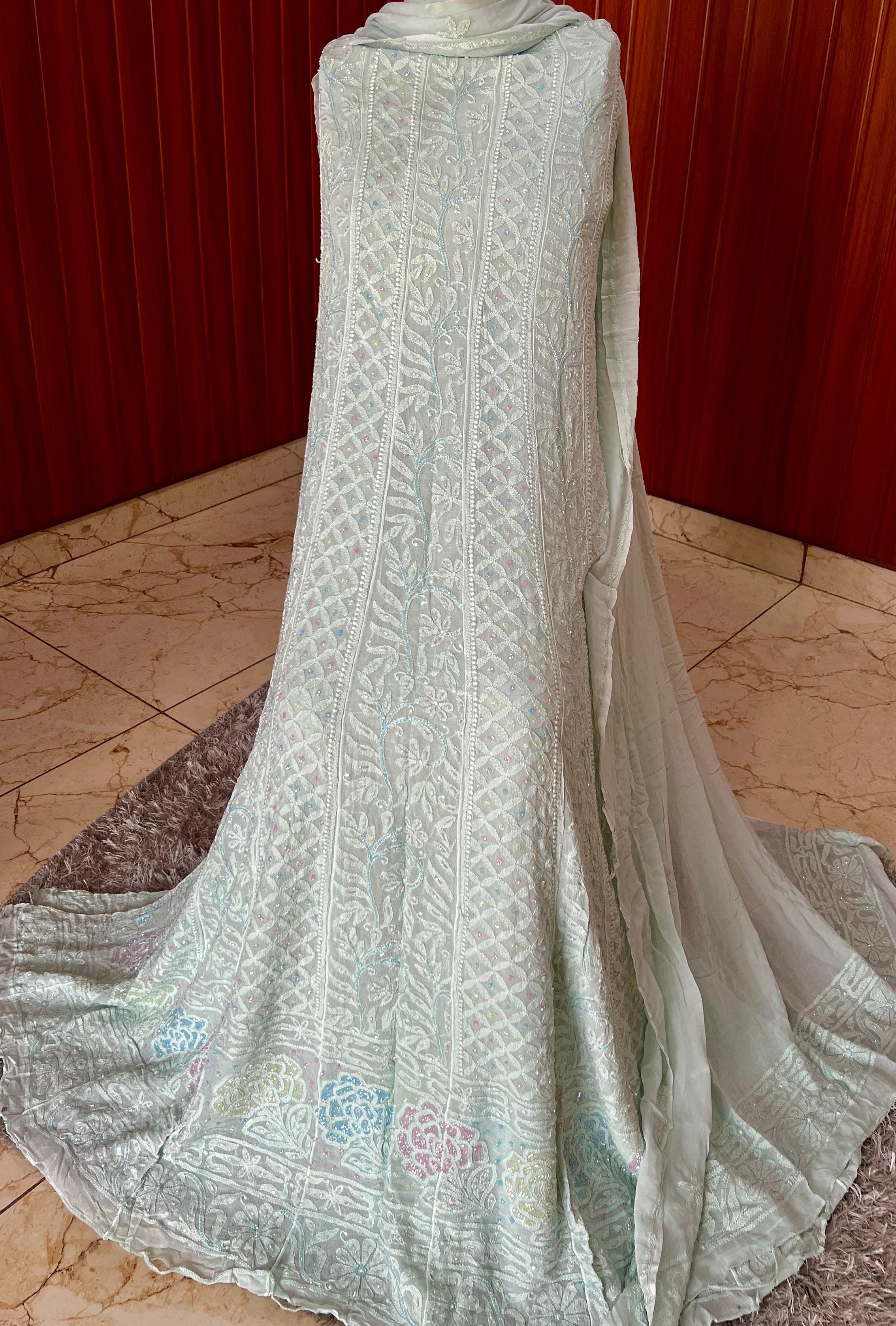 Ice Mint Chikankari and Cut Dana Embroidered Anarkali with Dupatta