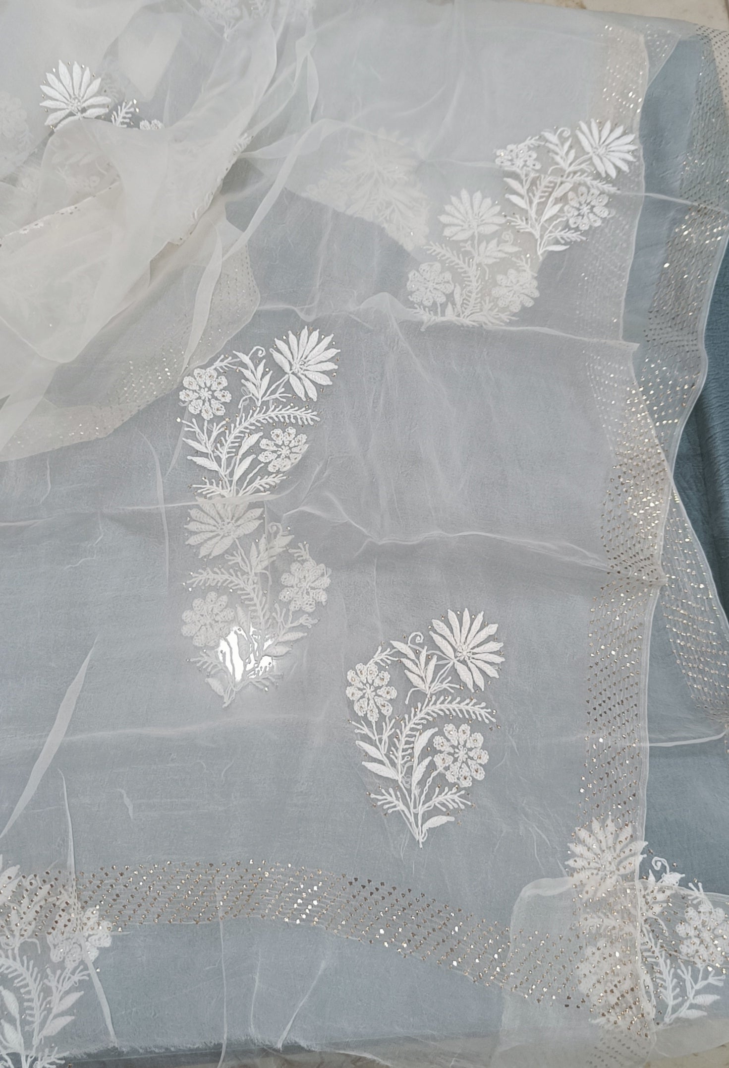 Pure Organza Allover Chikankari motifs and mukaish dupatta