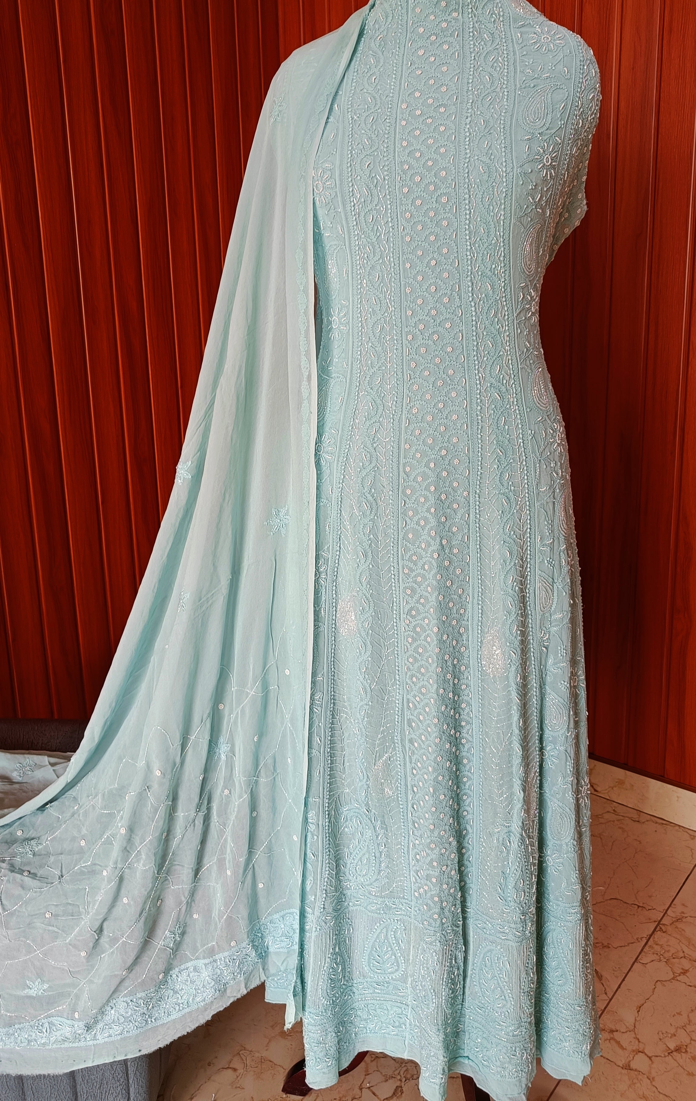 Light Firozi Chikankari Pearl Cut Dana Sequins Embroidered Anarkali wi