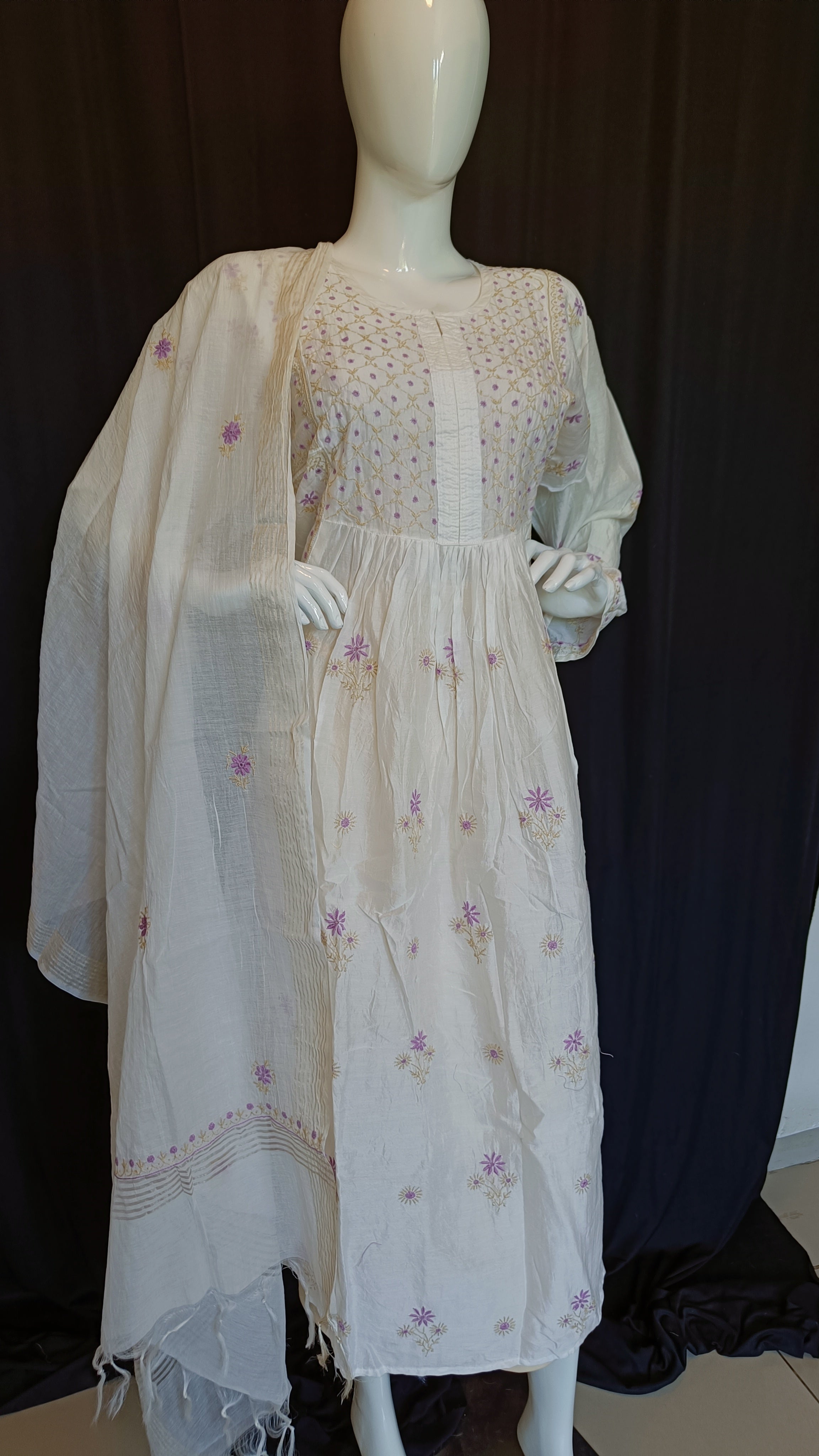 Off White Mul Chanderi A Line Chikankari Kurta and Dupatta