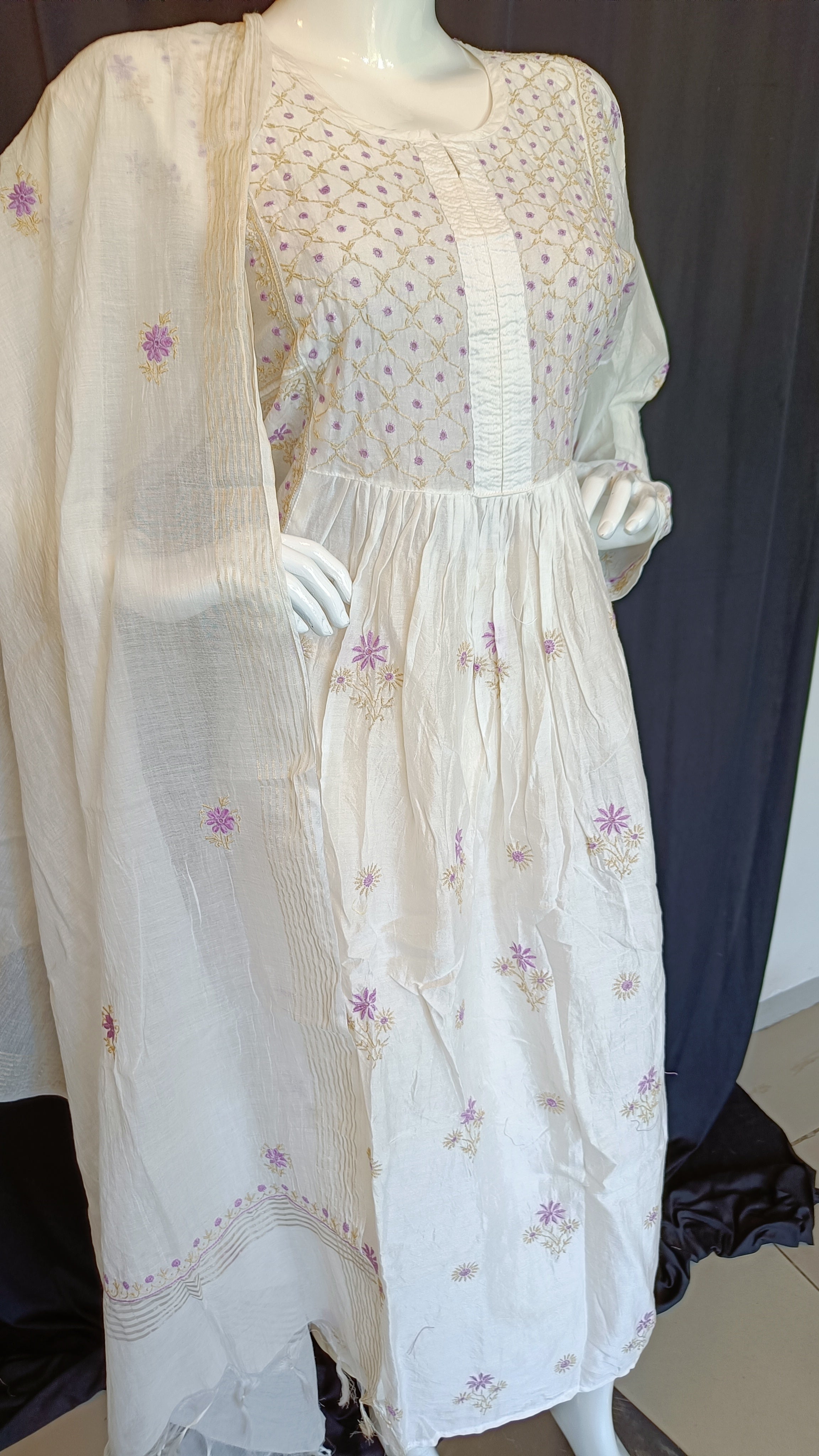 Off White Mul Chanderi A Line Chikankari Kurta and Dupatta