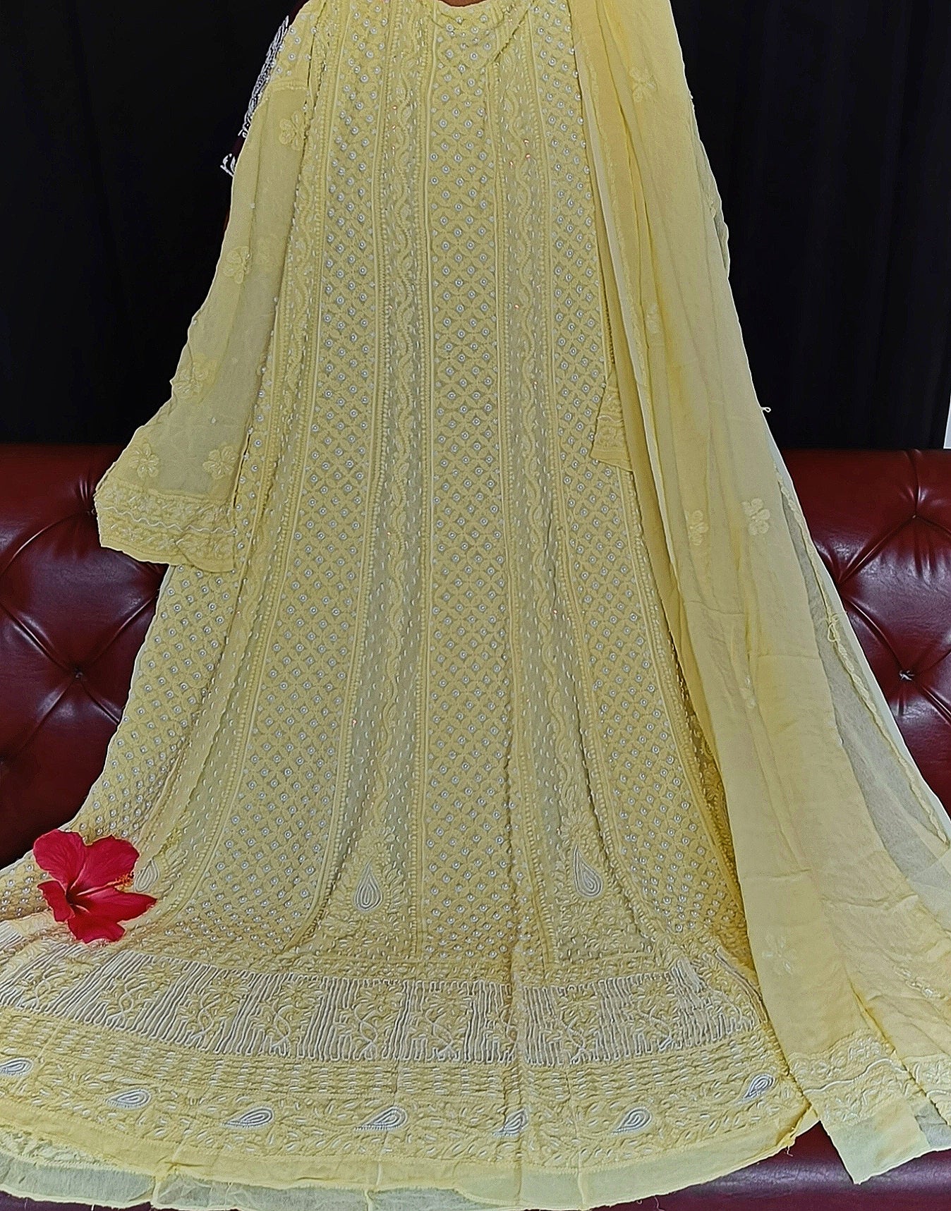 Lemon Yellow Chikankari and Pearl Embroidered Anarkali with Dupatta