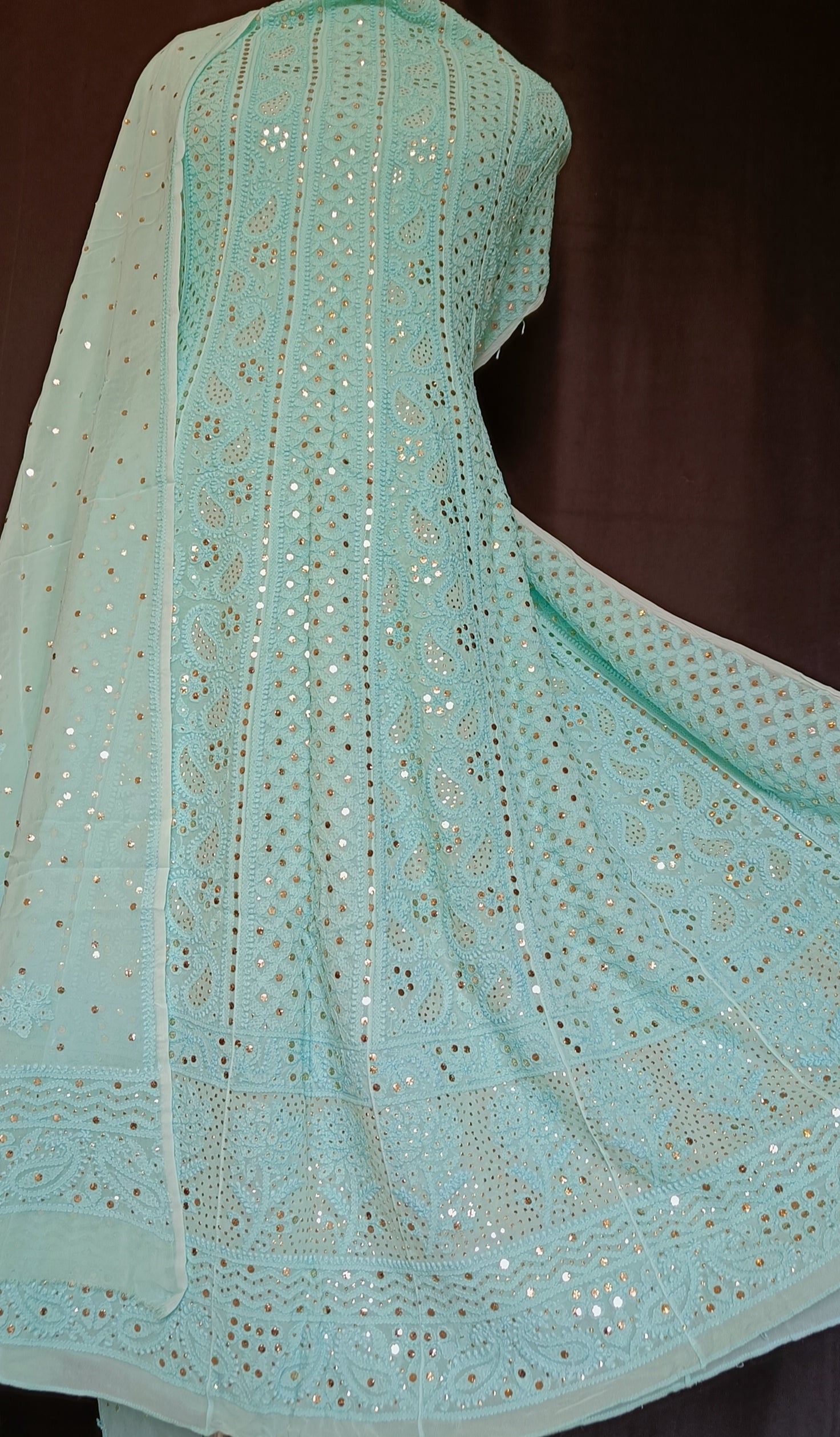 Firozi Allover Chikankari and Heavy Mukaish Anarkali with Dupatta