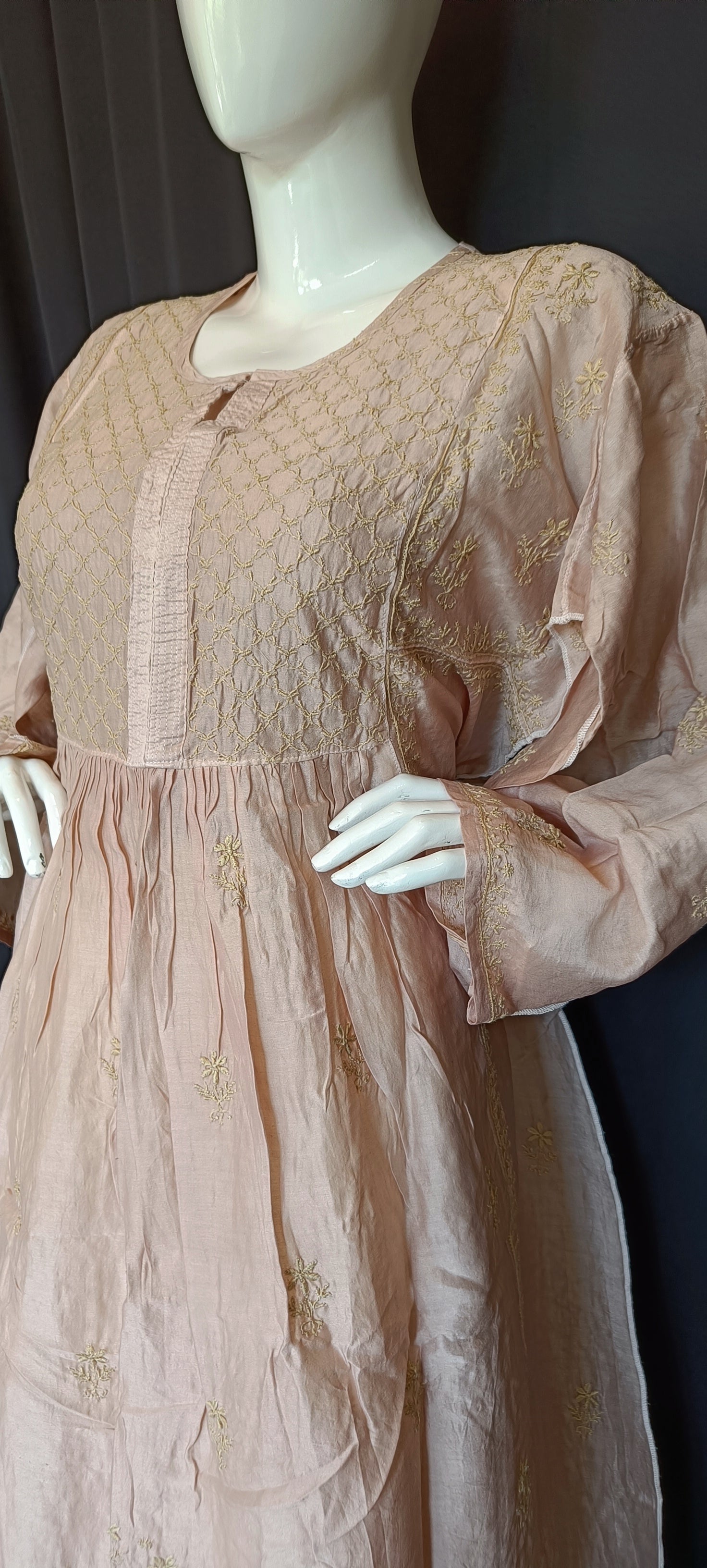 Nude Brown Mul Chanderi A Line Chikankari Kurta and Dupatta