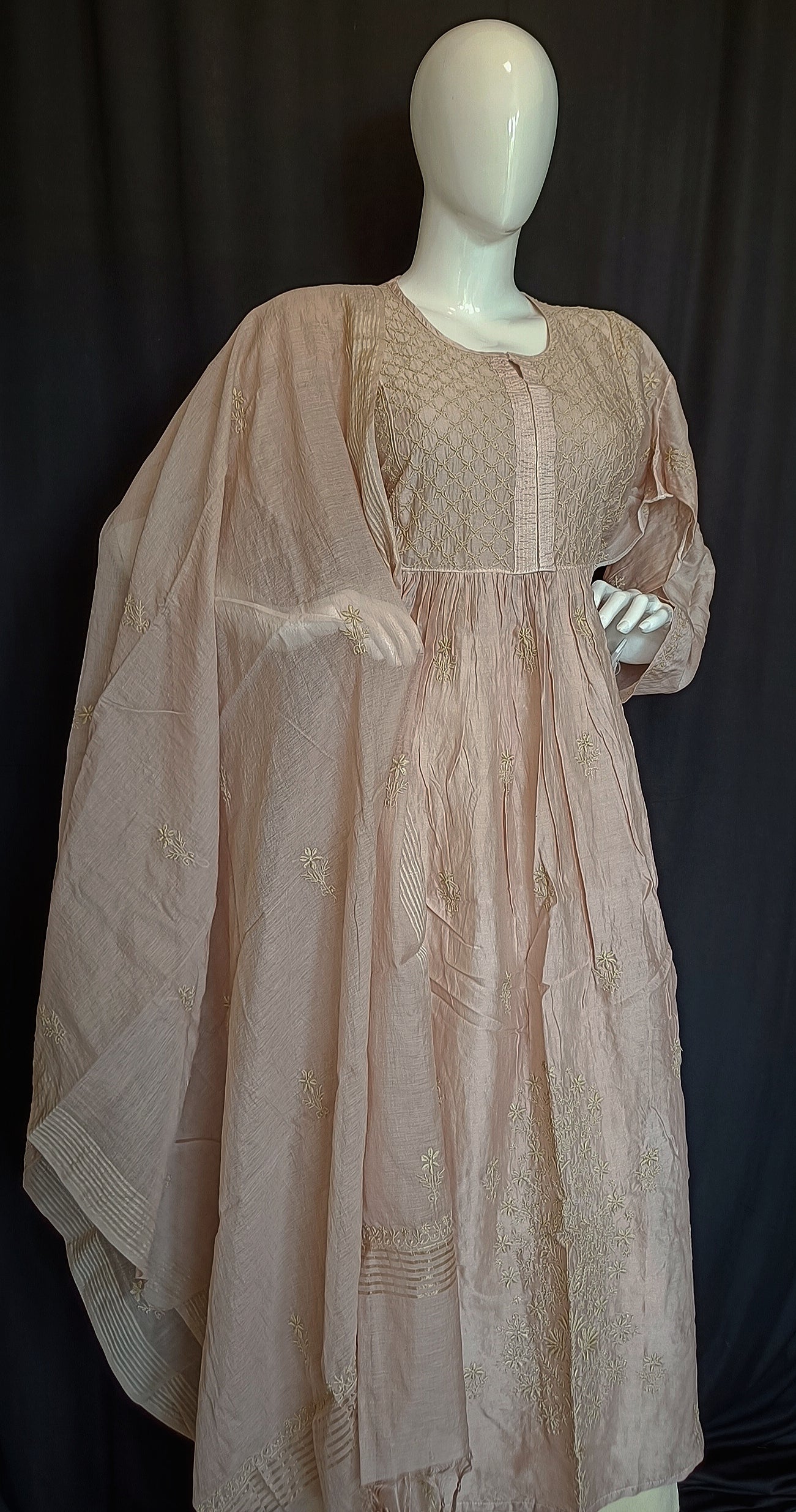 Nude Brown Mul Chanderi A Line Chikankari Kurta and Dupatta