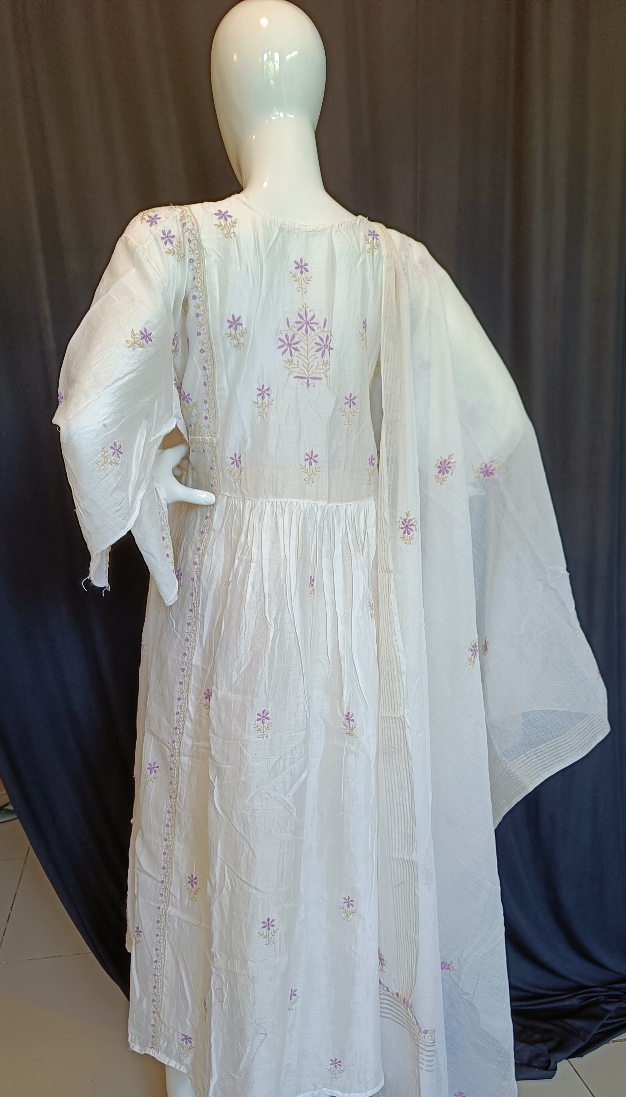 Off White Mul Chanderi A Line Chikankari Kurta and Dupatta