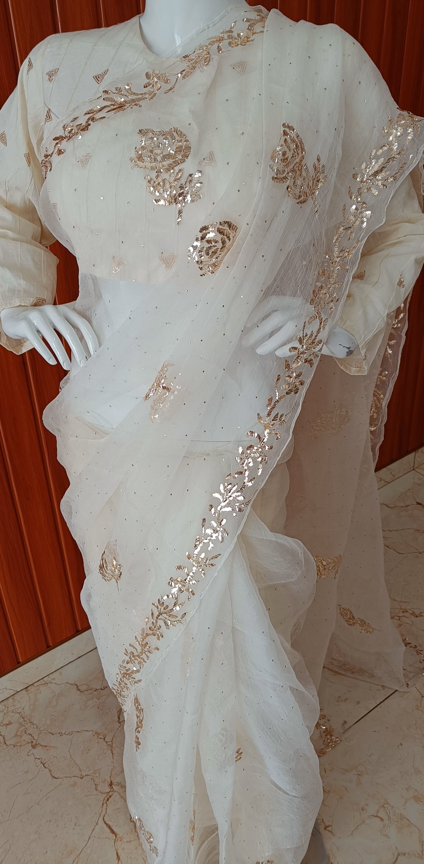 Ivory Pure Organza Saree with Badla and Mukaish Work