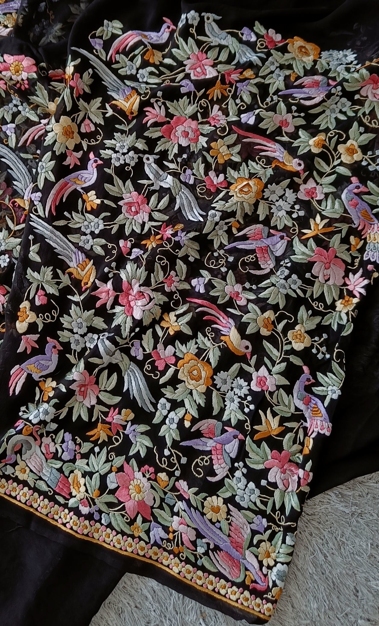 Black Masterpiece Hand Embroidered Parsi Gara Jacket Fabric