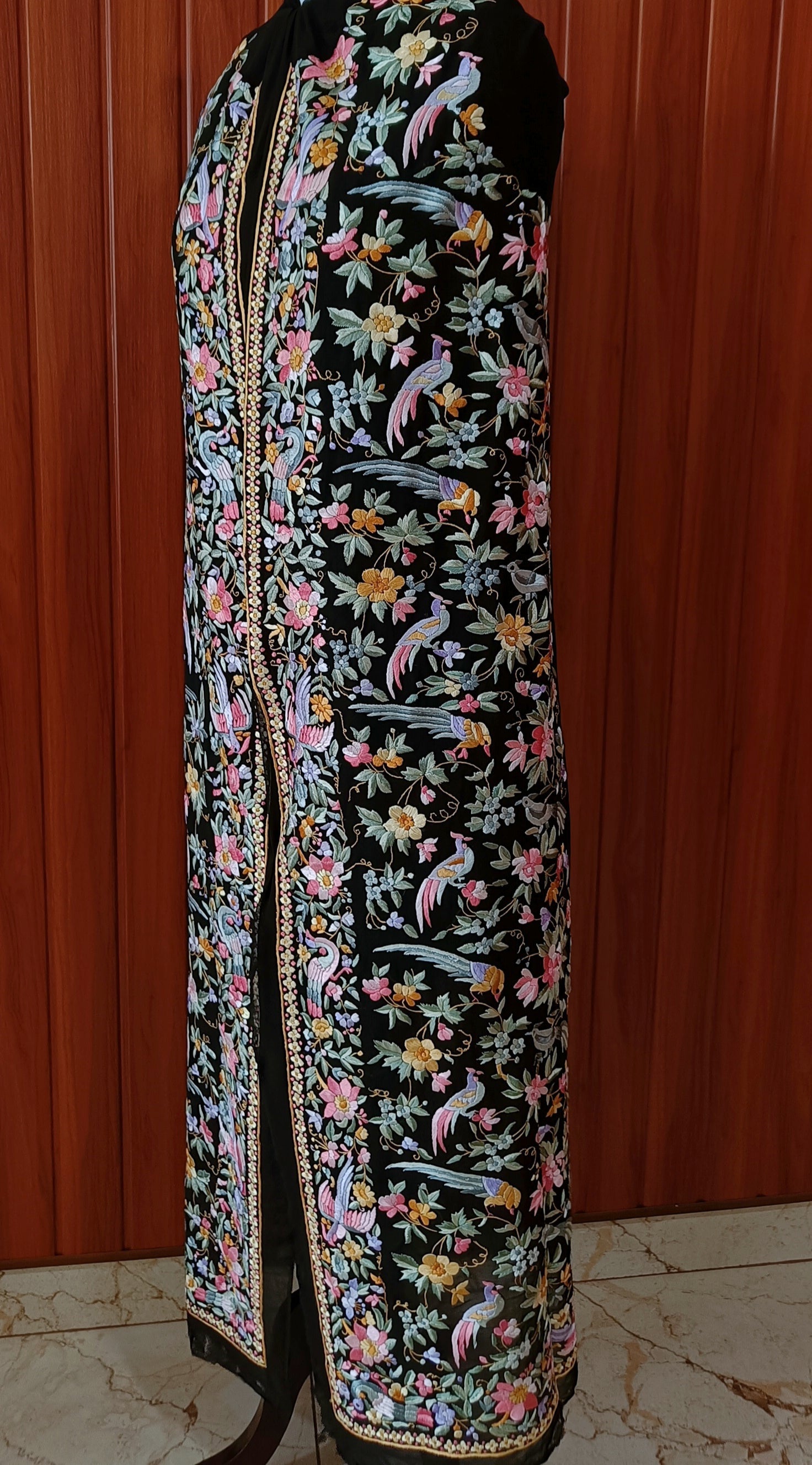 Black Masterpiece Hand Embroidered Parsi Gara Jacket Fabric