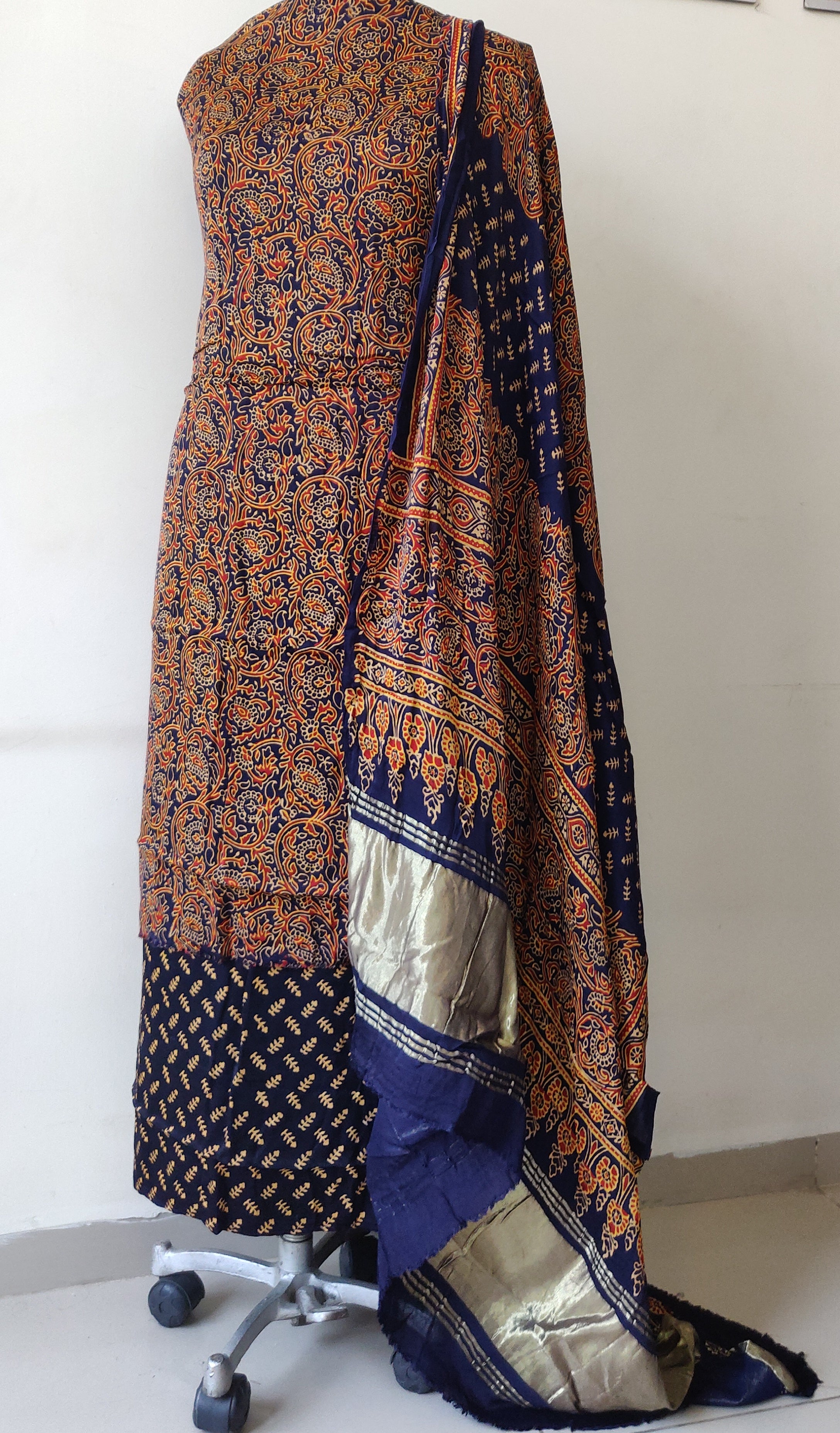 Midnight Blue Modal Silk Ajrakh Hand block printed 3 piece dress mater