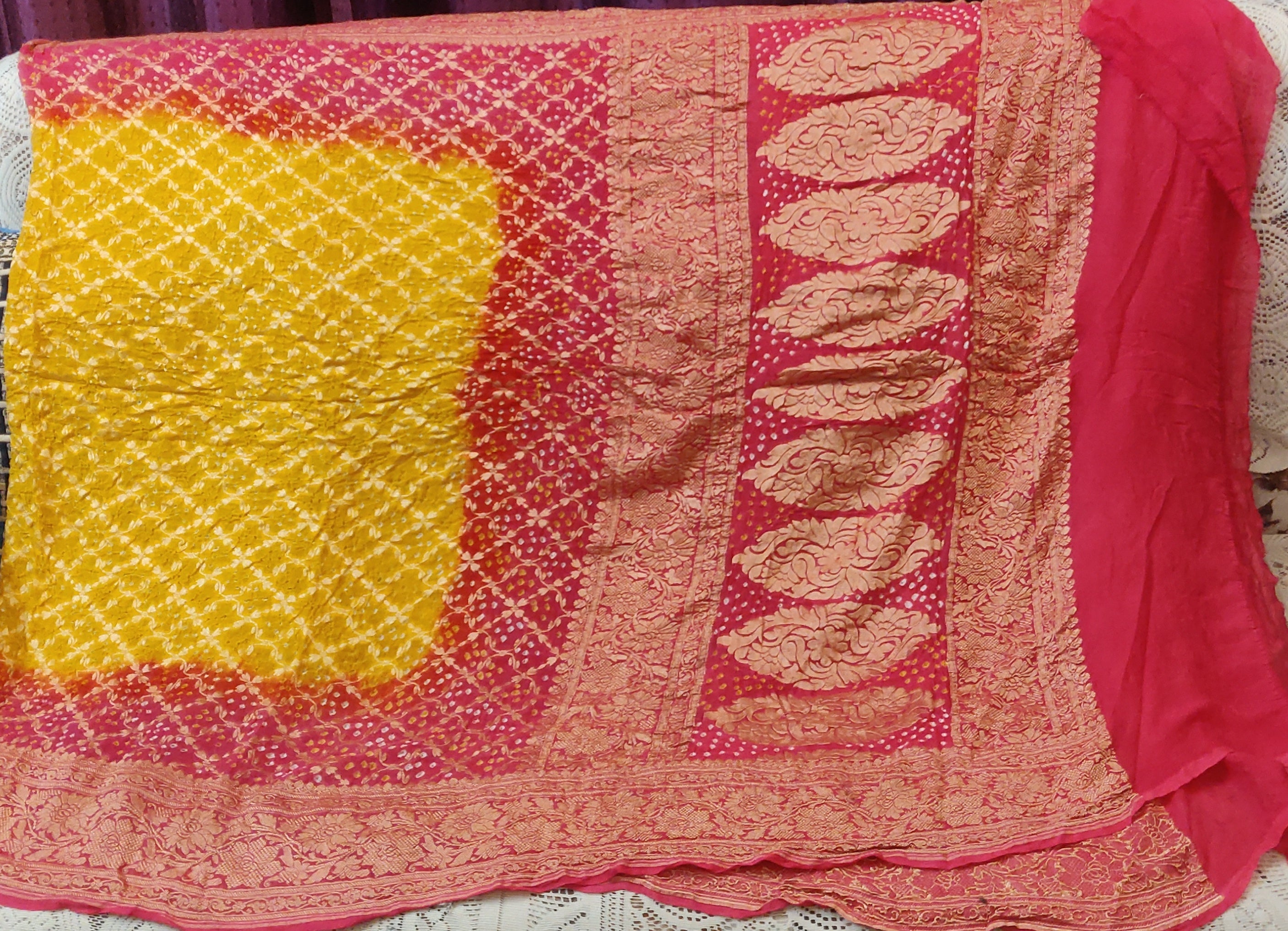 Yellow and Coral Pink Banarasi Bandhej Dupatta