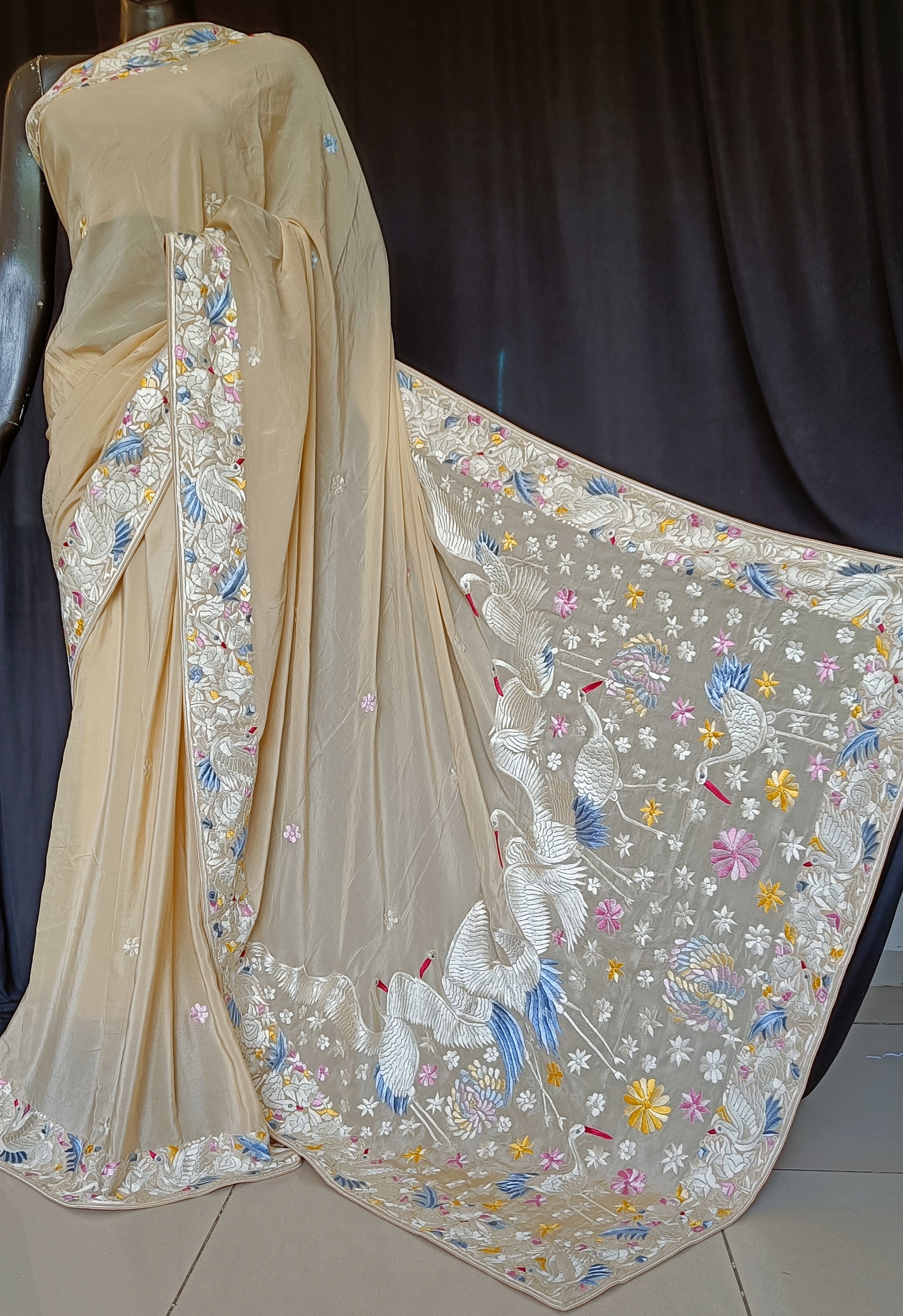 Champagne Pure Crepe Saree with Parsi Gara Hand Embroidery